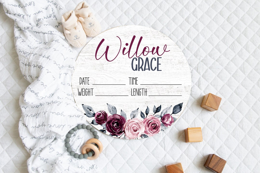 Baby Girl Pink Floral Birth Stats Sign, Newborn Girl Name Sign ...