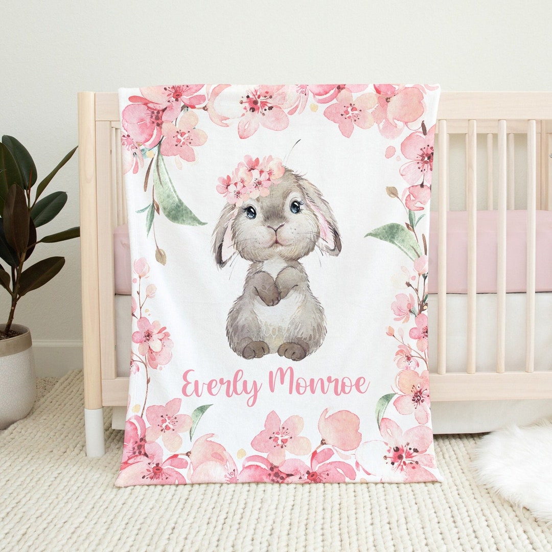 Personalized Baby Girl Bunny Blanket, Pink Floral Bunny Rabbit, Cherry ...