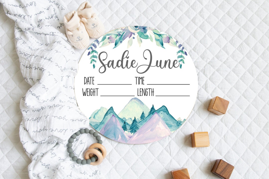 Floral Mountain Birth Stats Sign Baby Girl, Personalized Round Wood ...