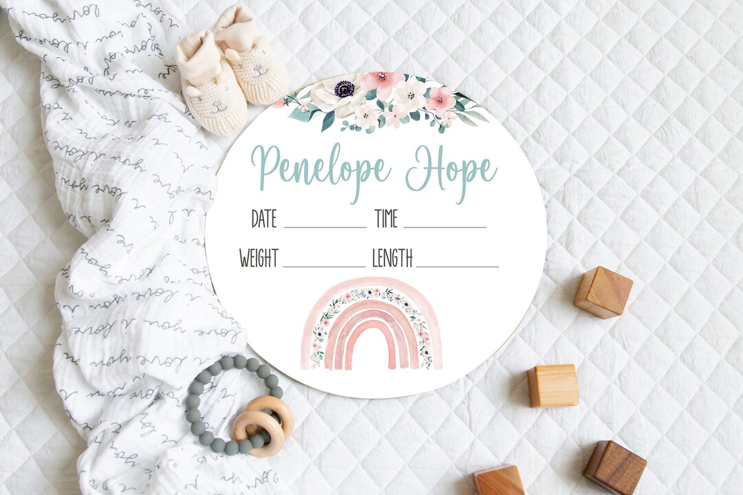 Pink Floral Rainbow Baby Birth Stats Sign, Baby Girl Hospital Name Sign ...