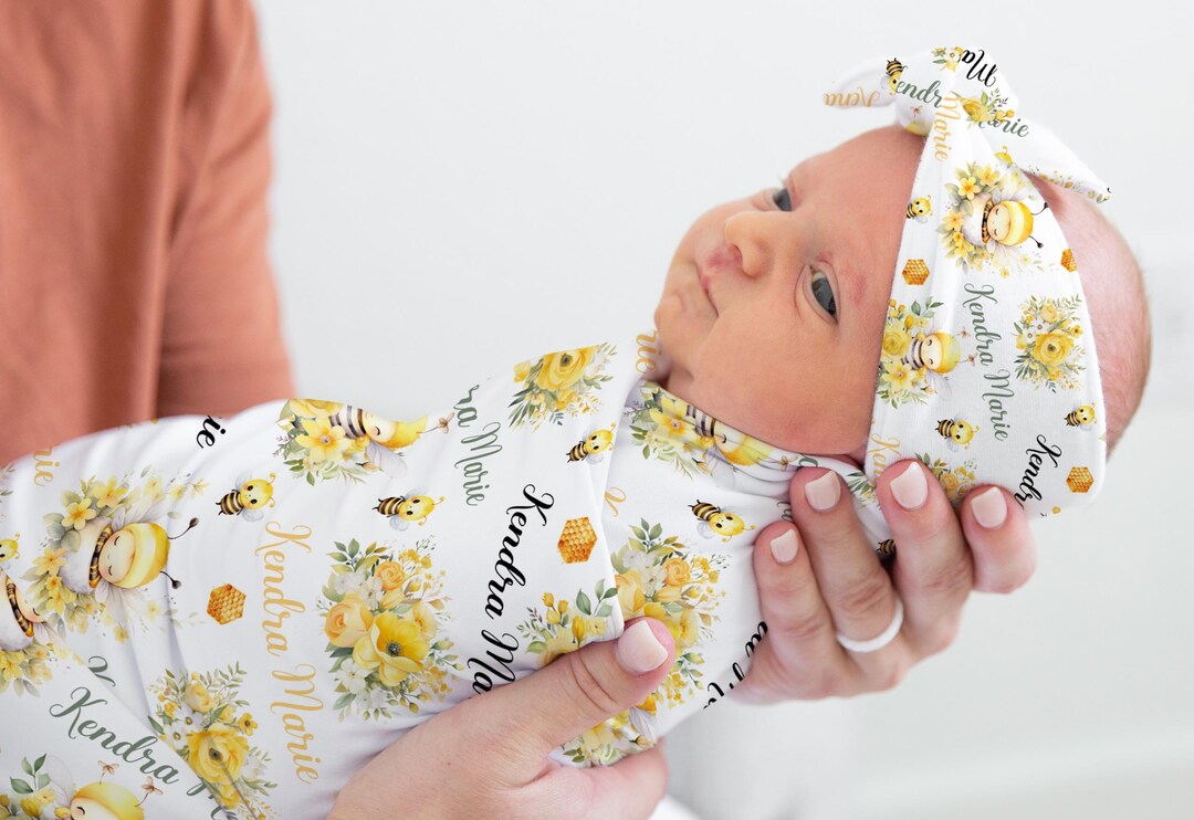 HONEYBEE SWADDLE BLANKET, Personalized Yellow Floral Swaddle Set ...