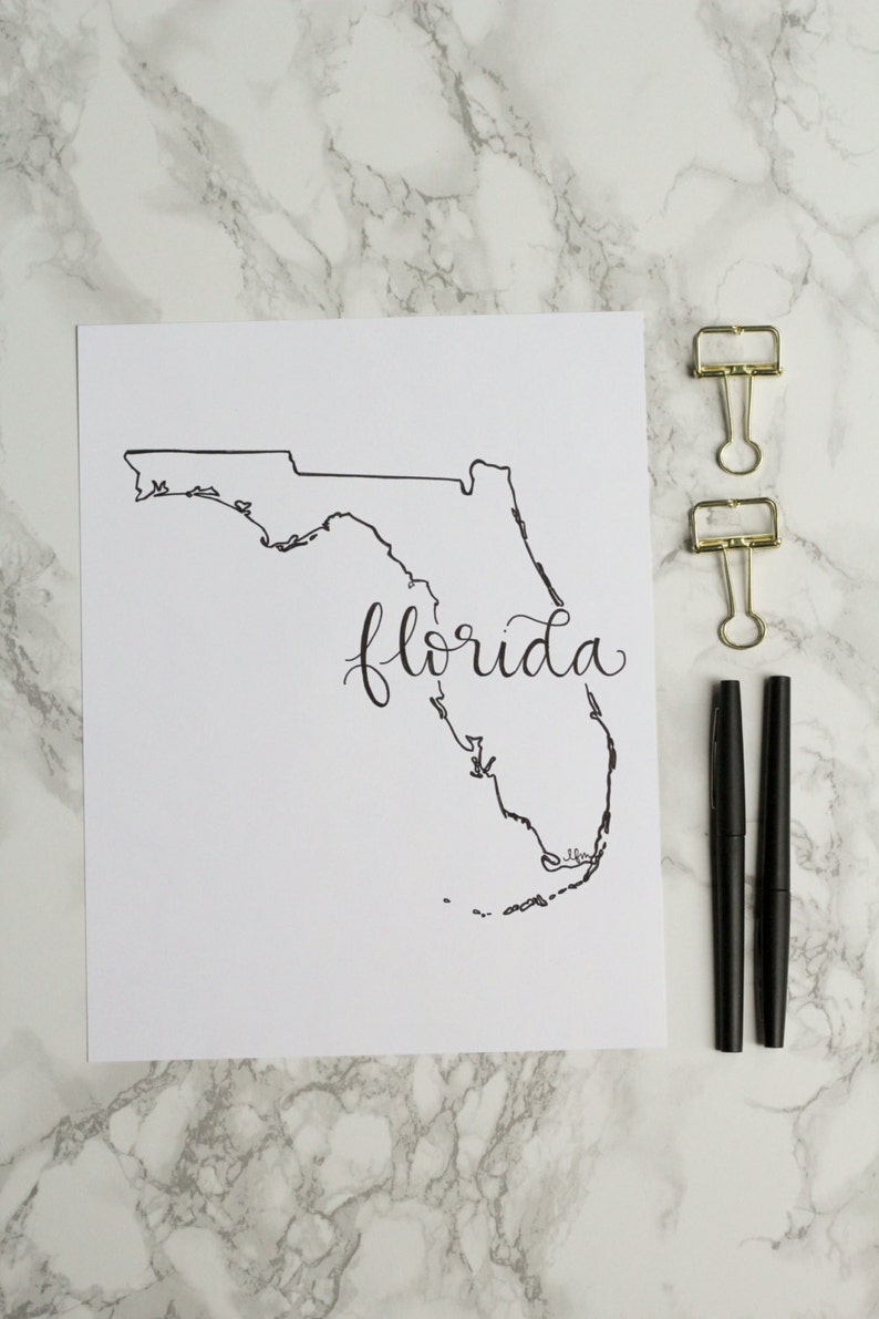 Florida Hand-lettered Calligraphy State Outline Print Wall - Etsy Florida Hand-lettered Calligraphy State Outline Print Wall - Etsy
