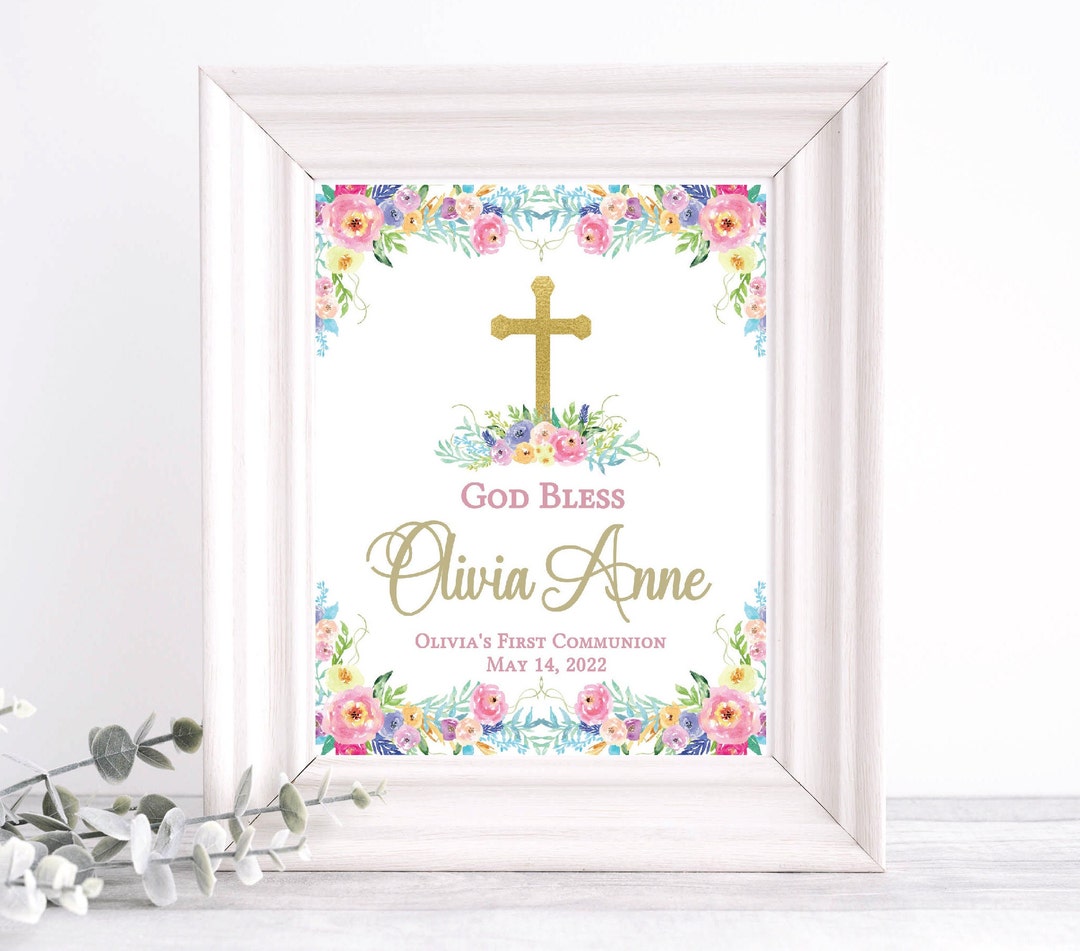 EDITABLE Colorful Floral First Communion God Bless Sign - First ...
