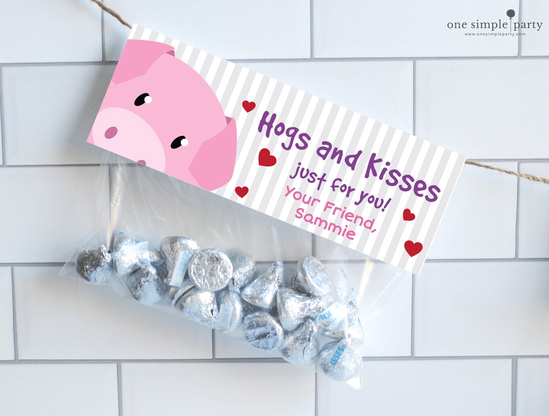 EDITABLE Hogs and Kisses Valentine Bag Topper, Kids Valentine, Animal ...