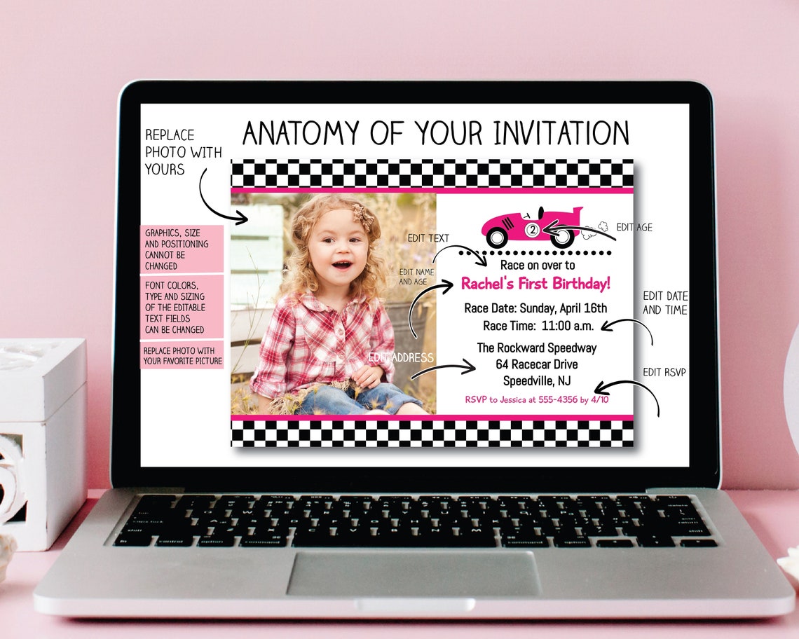 EDITABLE Girl Race Car Birthday Photo Invitation Race Car - Etsy