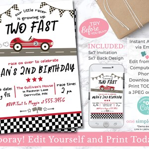 EDITABLE Red Race Car Two Fast Birthday Invite Two Fast Invitation Race ...