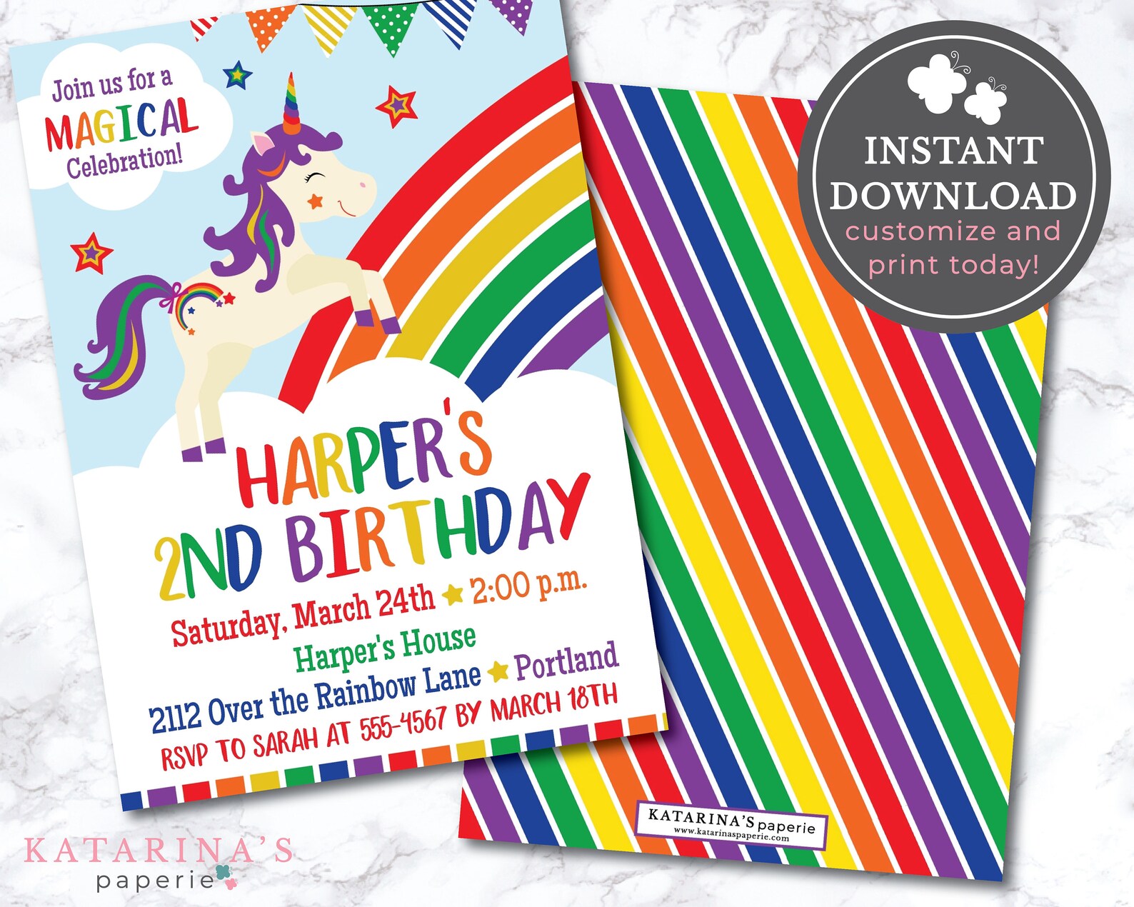 EDITABLE Classic Rainbow Unicorn Invitation INSTANT DOWNLOAD - Etsy
