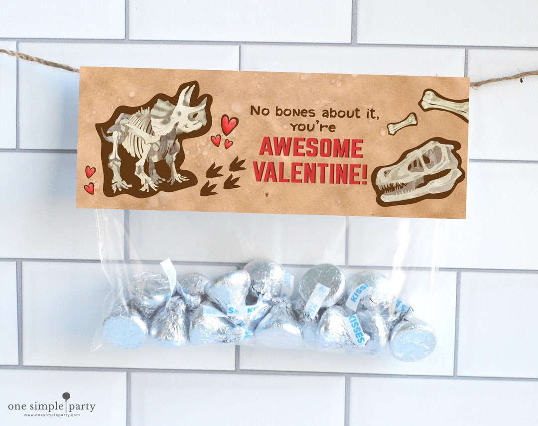 EDITABLE Dinosaur Valentine Bag Topper, Kids Valentine, Dino Bones ...