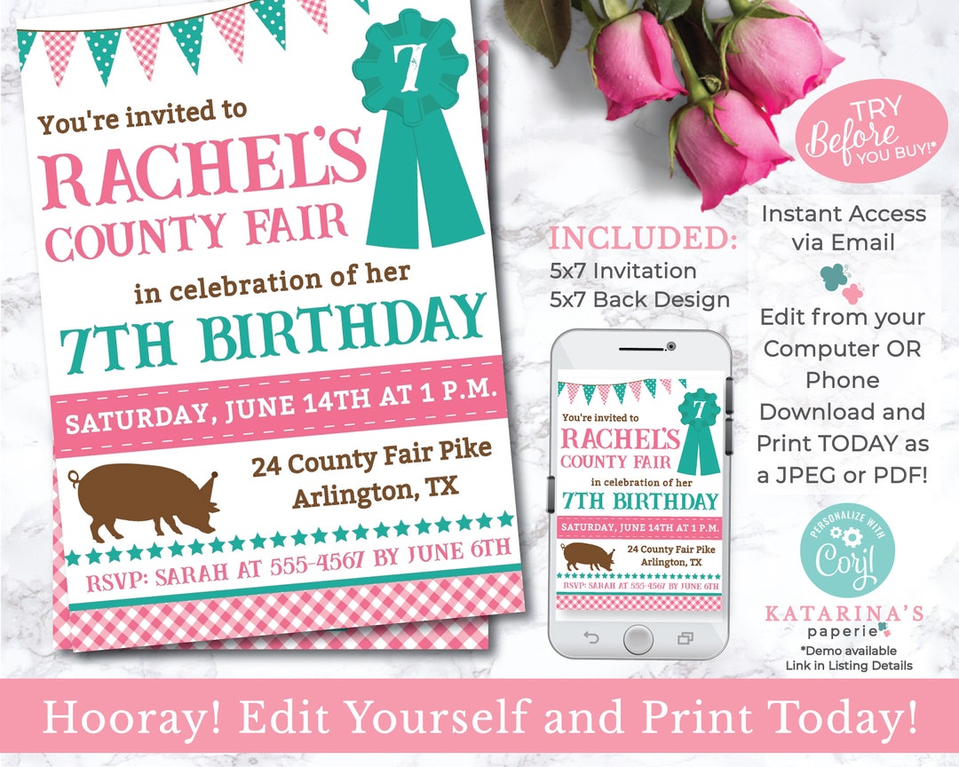 EDITABLE Girl County Fair Birthday Party Invitation - Fair Invitation ...