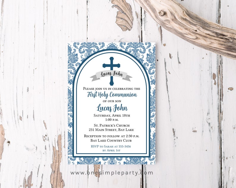 EDITABLE Blue Damask First Communion Boy Invitation Boy - Etsy