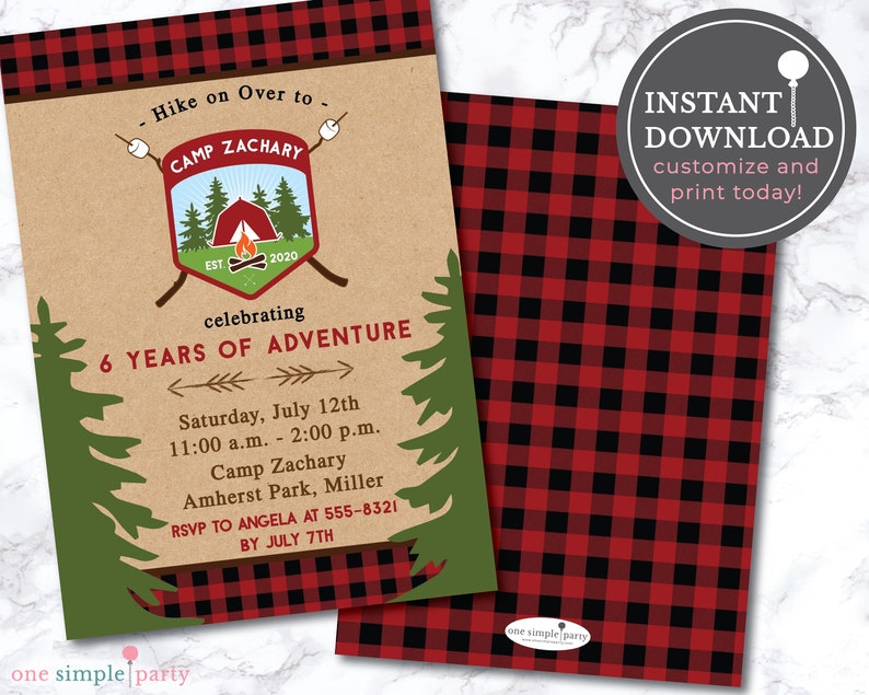 EDITABLE Plaid Camping Party Invitation Camping Birthday - Etsy