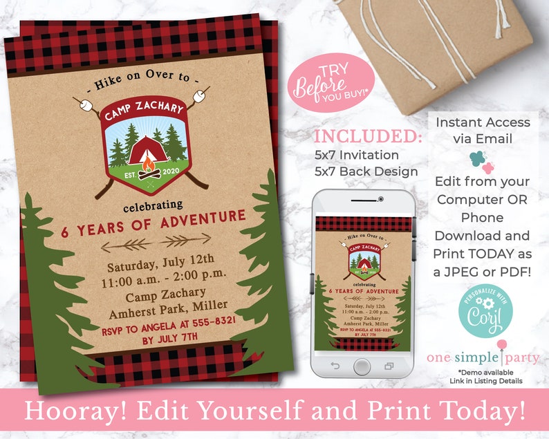 EDITABLE Plaid Camping Party Invitation Camping Birthday - Etsy