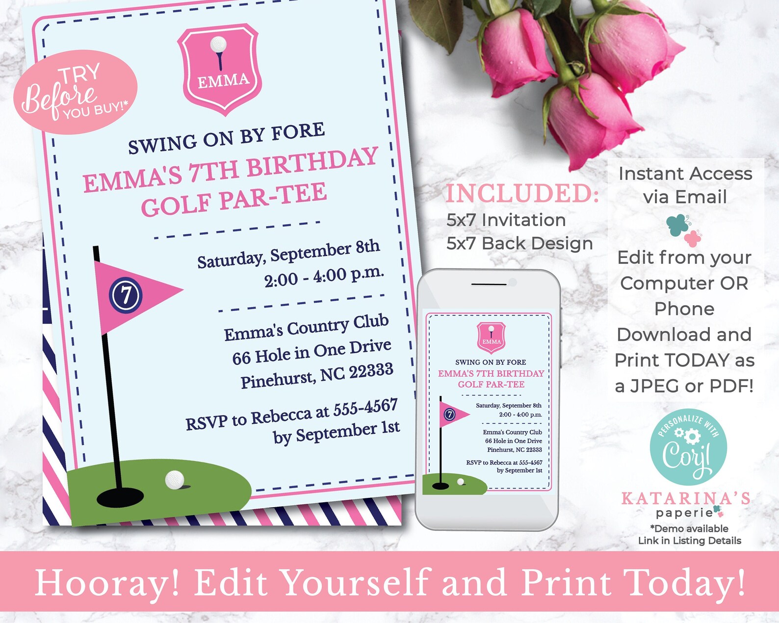 EDITABLE Pink Golf Party Invitation Golf Birthday Party Mini - Etsy