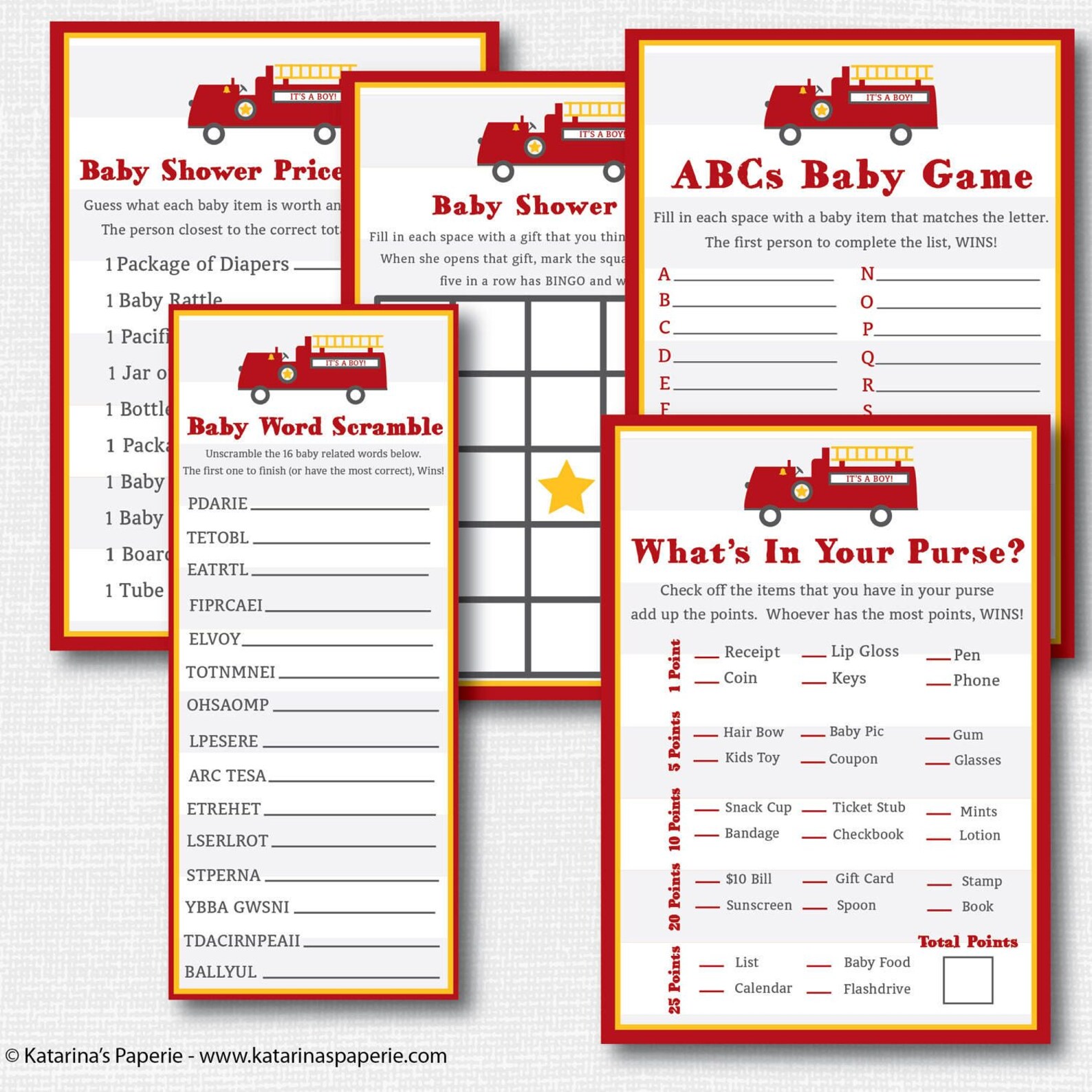 Fire Truck Baby Shower Games 7 Printable Games and - Etsy