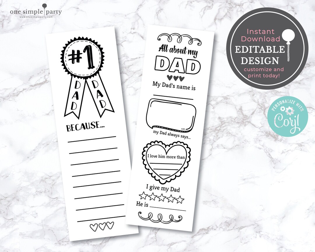 Editable Father's Day Bookmarks: All About My Dad Printable (instant ...