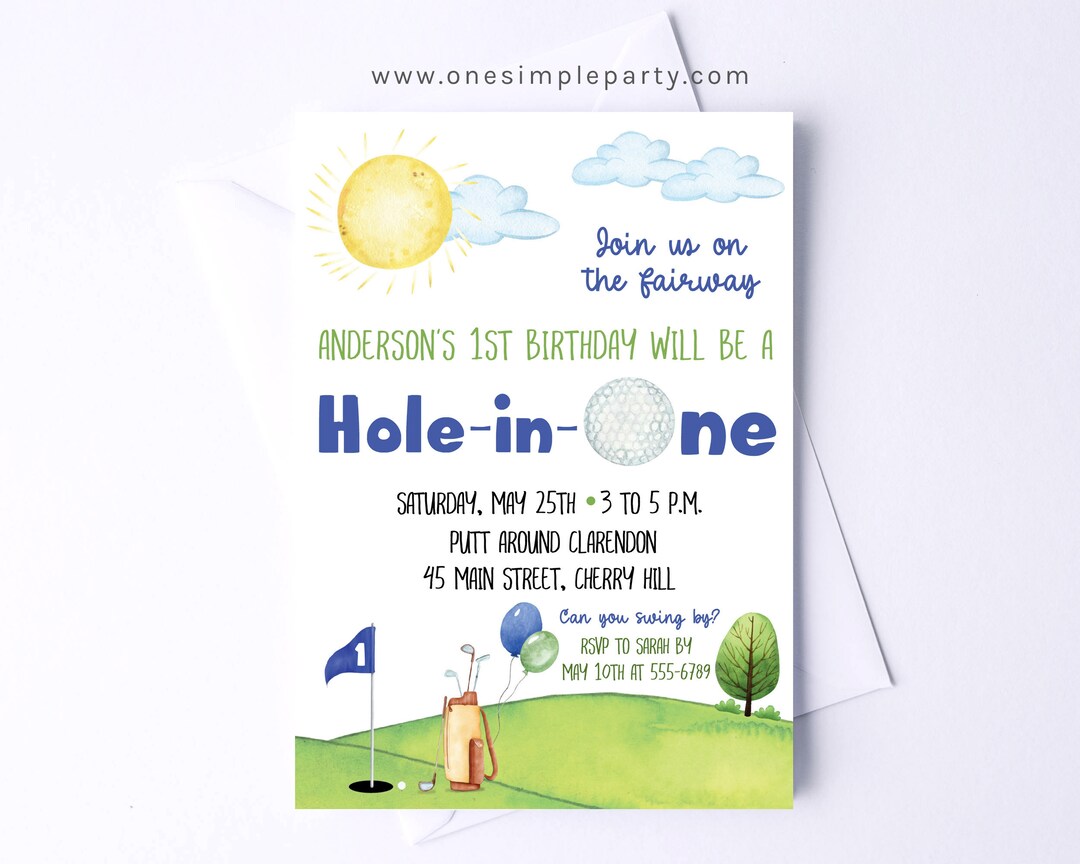 EDITABLE Watercolor Hole in One Golf First Birthday Invitation - Golf ...
