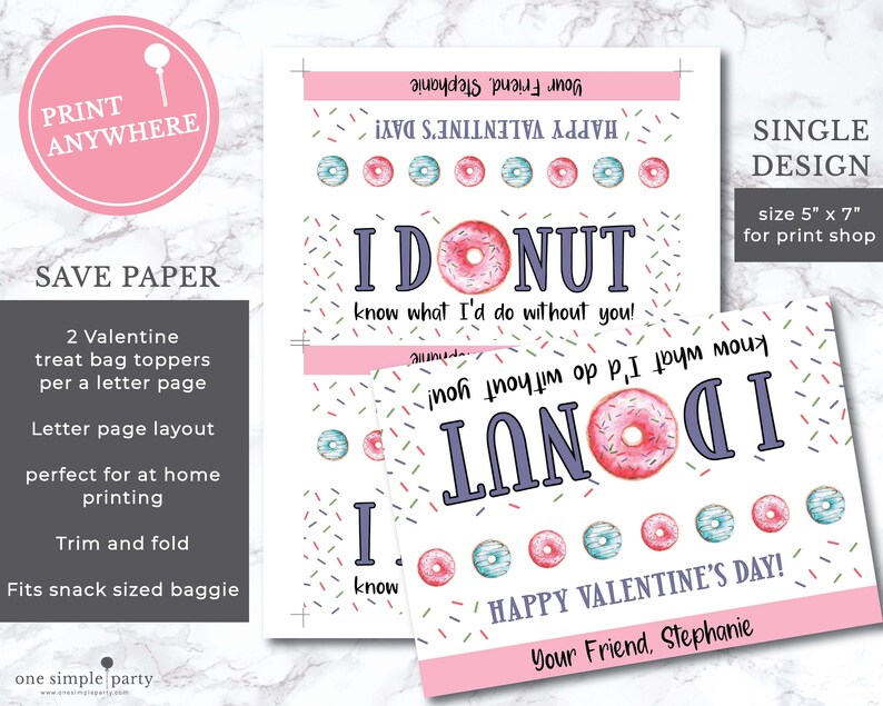 EDITABLE Donut Valentine Bag Topper Kids Valentine Donut - Etsy