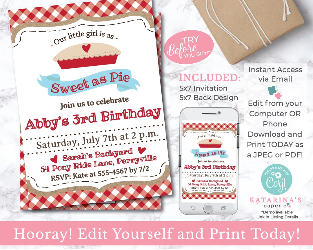 Sweet as Pie Birthday Invitation: Rustic Gingham, Editable (digital ...