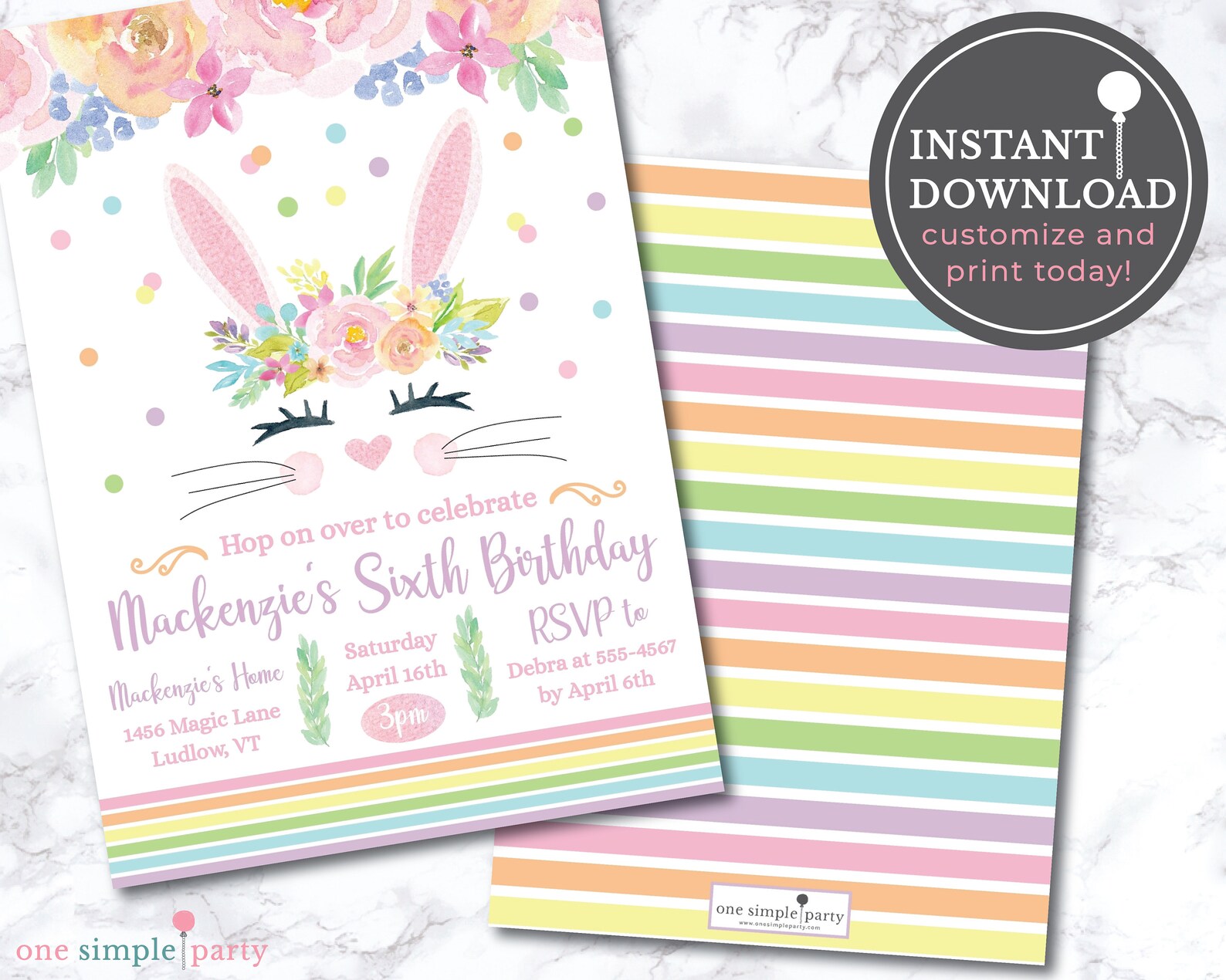 EDITABLE Rainbow Bunny Birthday Invitation Bunny Birthday - Etsy