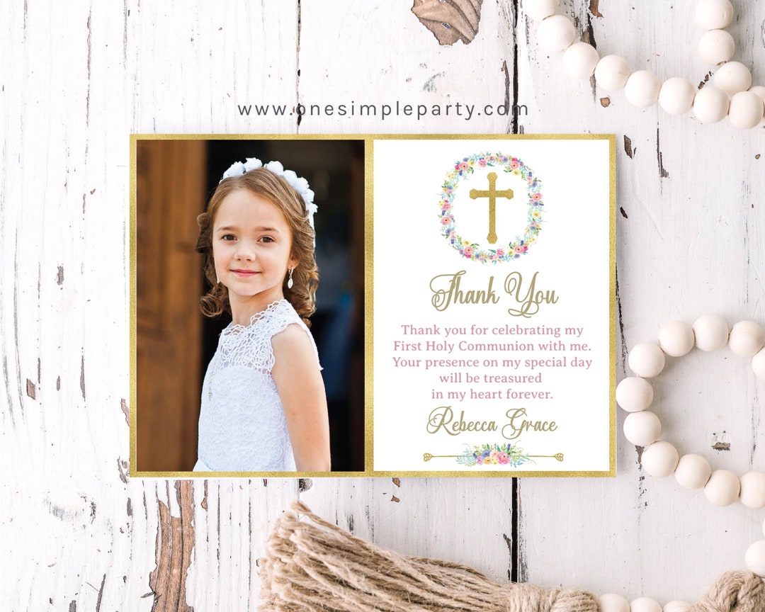 EDITABLE Floral Wreath First Communion Thank You Card, First Holy ...