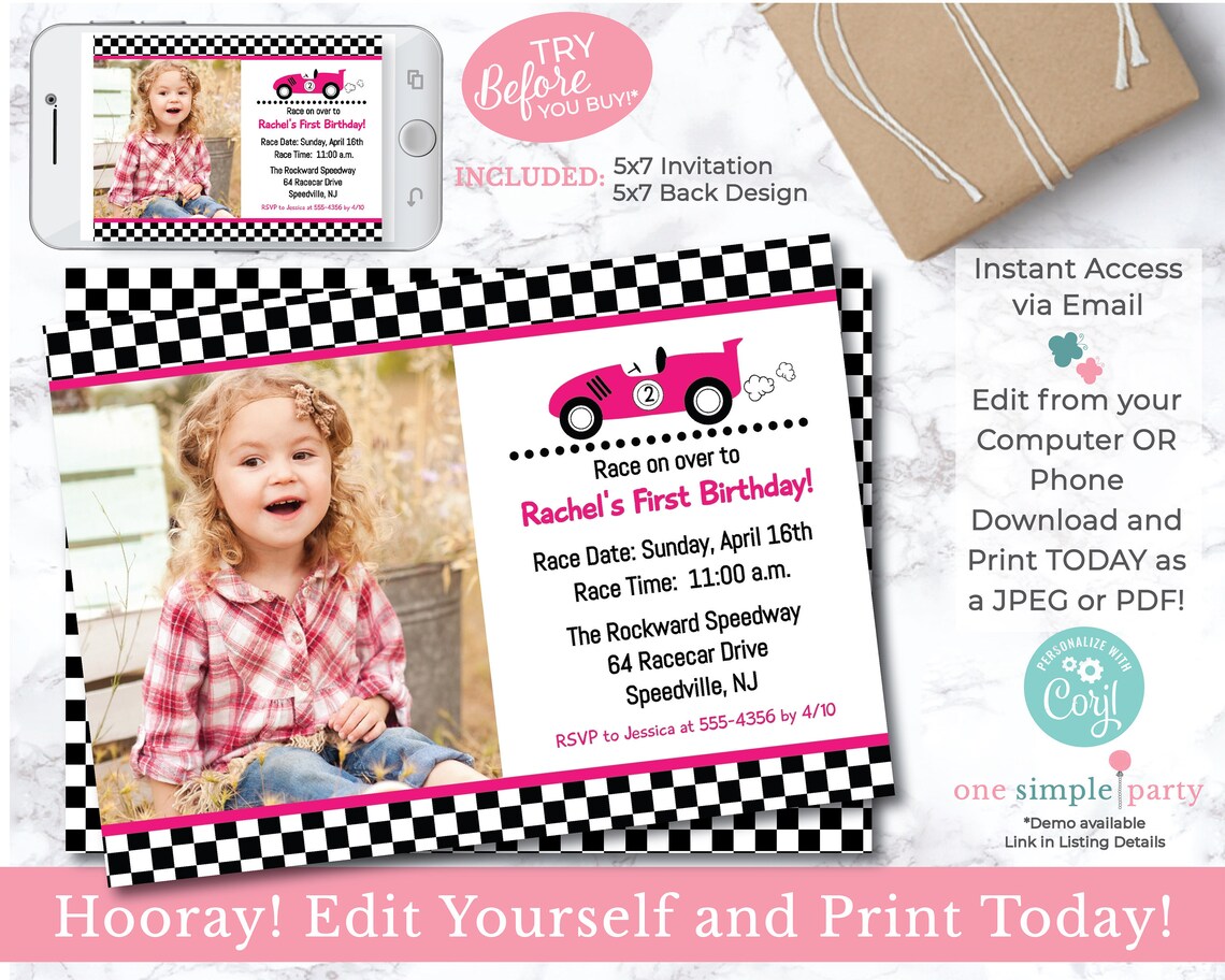 EDITABLE Girl Race Car Birthday Photo Invitation Race Car - Etsy