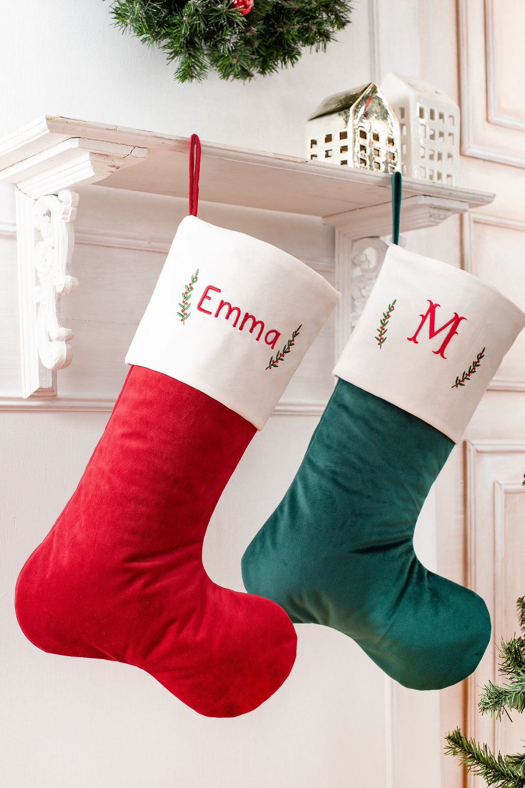 VELVET CHRISTMAS Stockings With Holly Branch Personalization, Family ...
