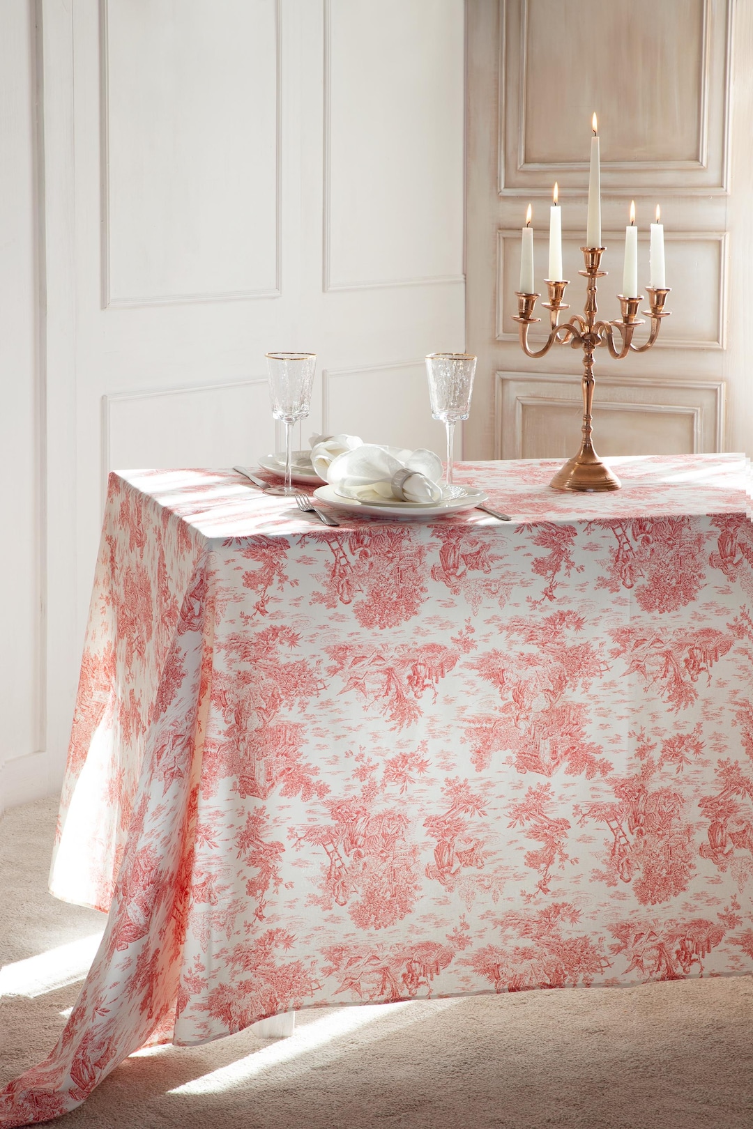 Red Toile Tablecloth, Toile Table Linen, Festive French Toile Linen ...