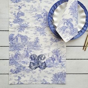 Monogramed Toile Table Linen, Toile Table Runner, Vintage Monogram ...