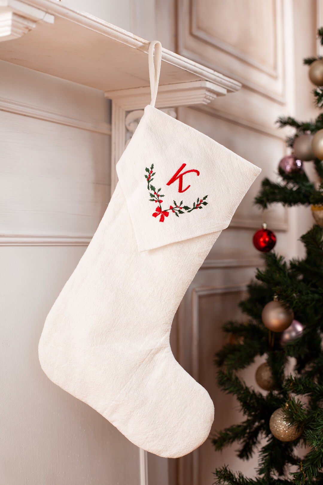 Holly Collection Christmas Stocking, Linen Christmas Stocking, Holly ...