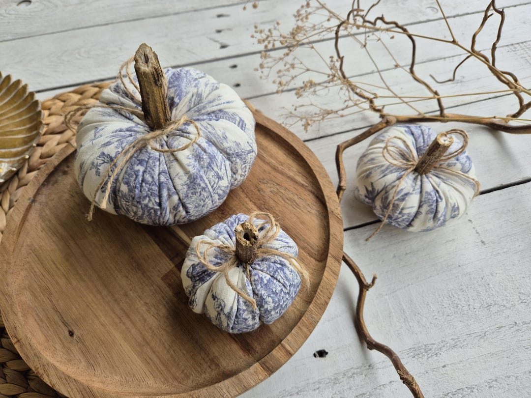 Toile Fabric Pumpkins,fall Pumpkin Decor, Tray Fillers,blue Toile ...