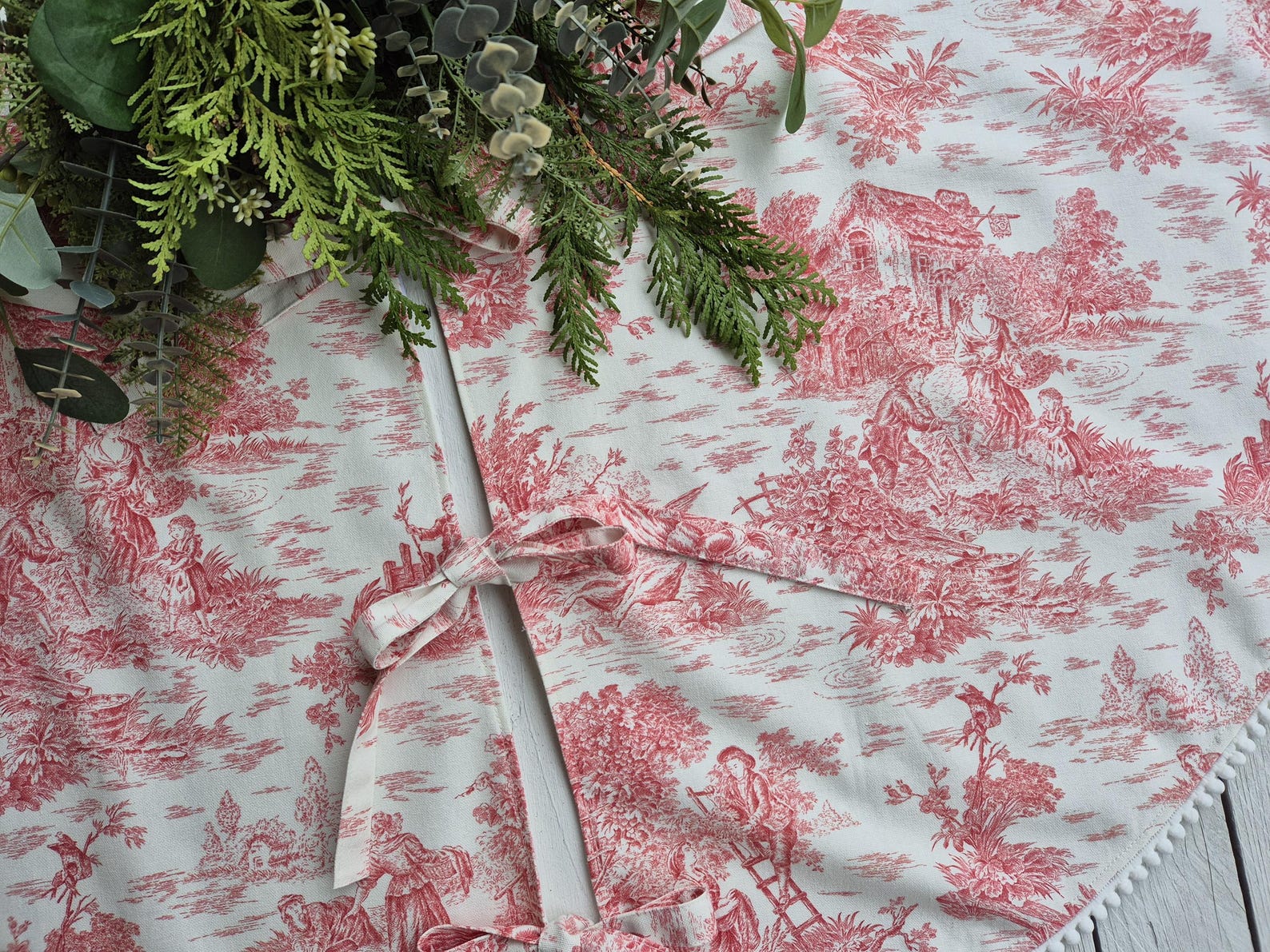 Red Toile Tree Skirt, Chinoicery Tree Skirtrt, Red Christmas, French ...