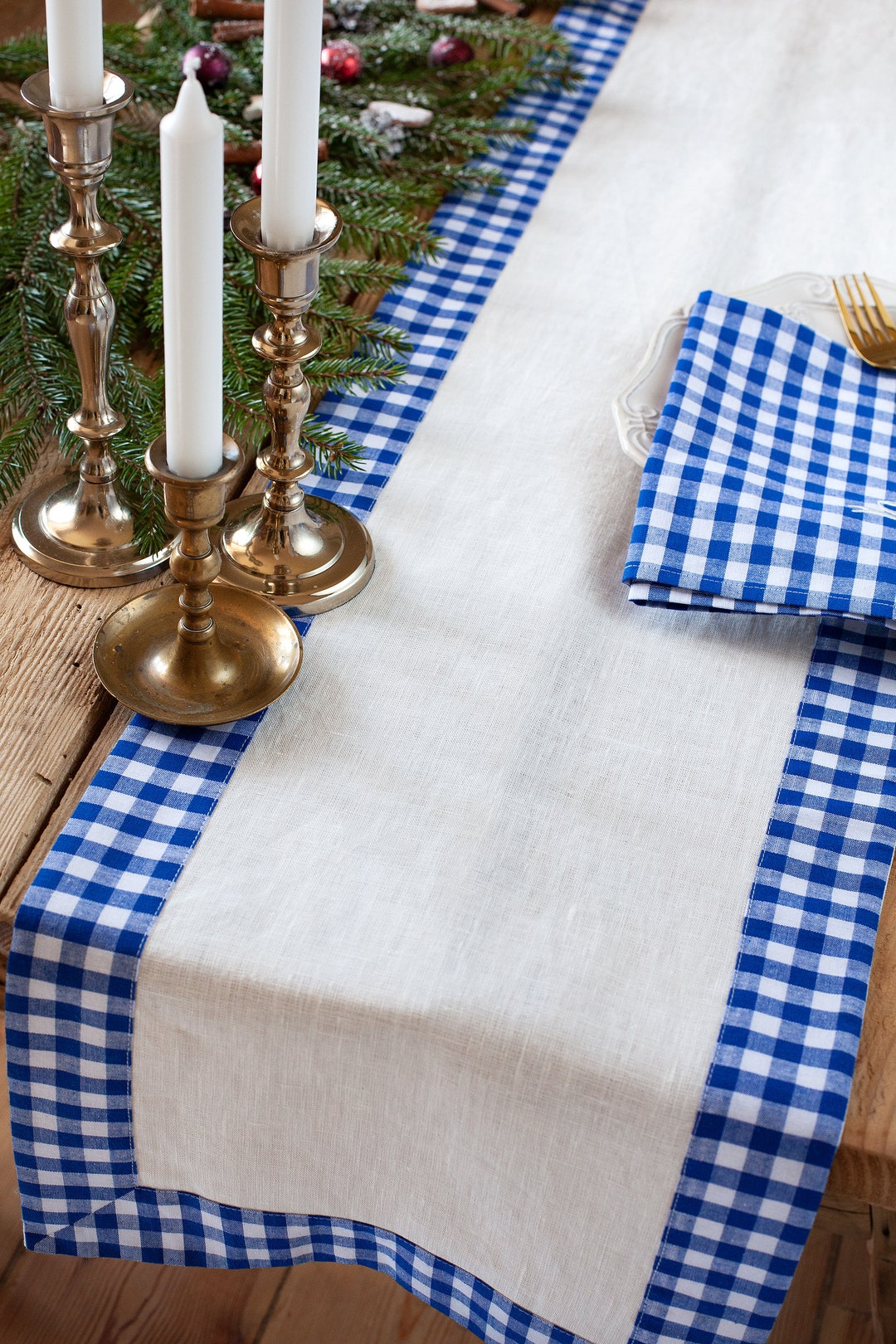 Chinoiserie Table Runner, Linen Runner With Blue Gingham Trim - Etsy