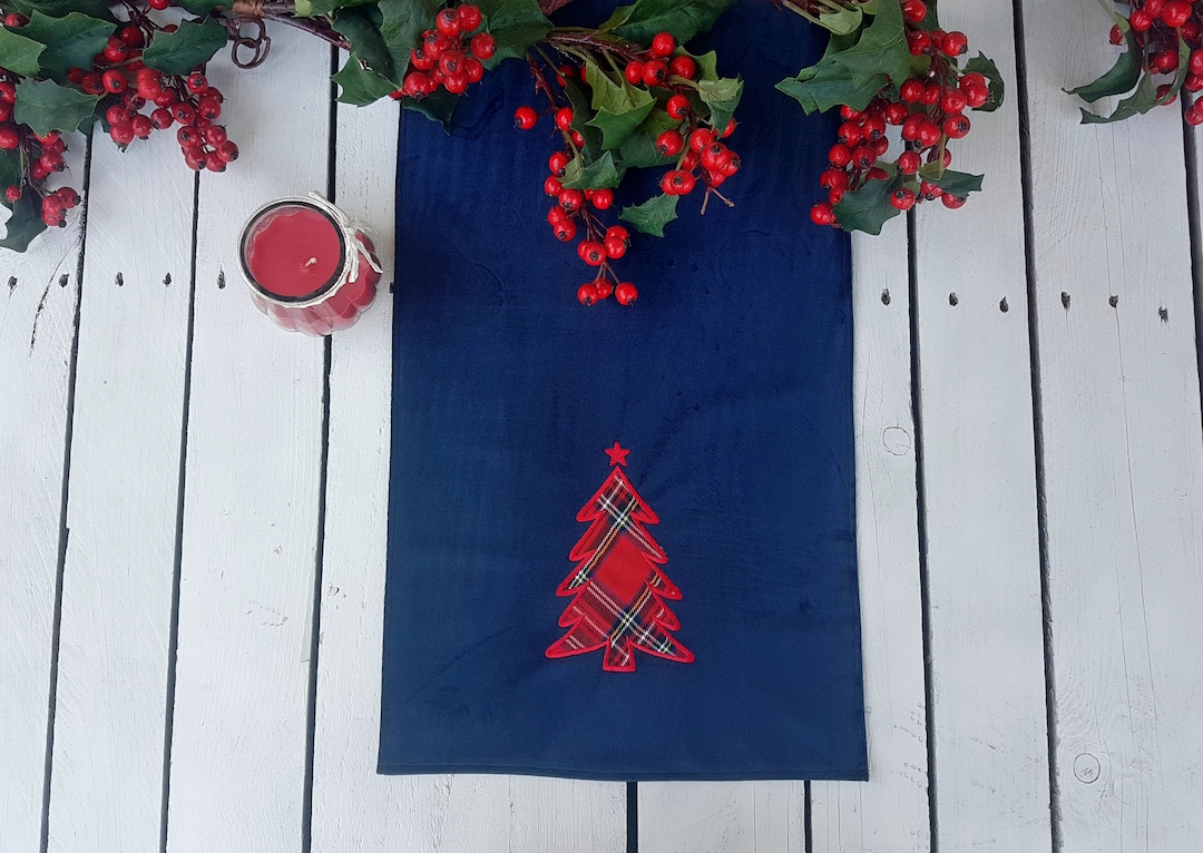 Velvet Table Runner, Navy Table Runner With Christmas Tree Applique - Etsy