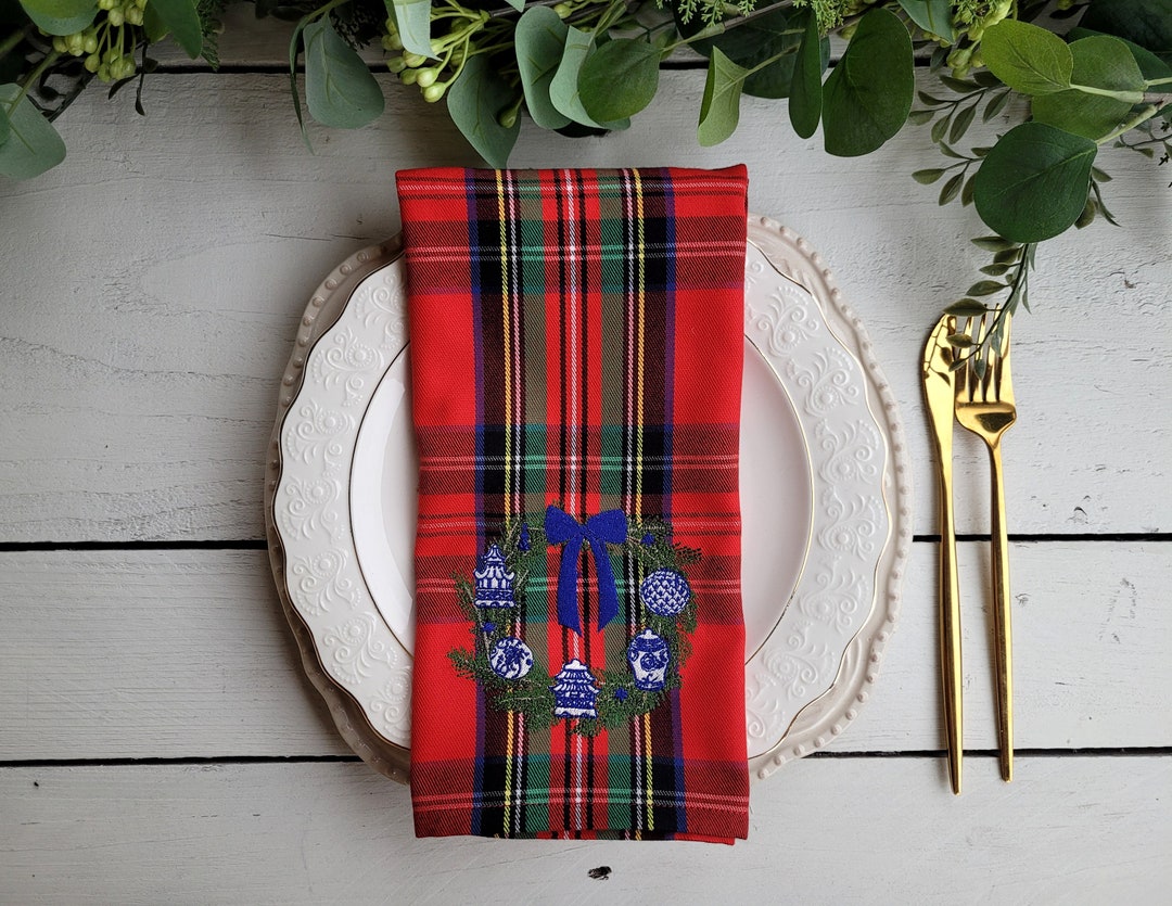 Chinoiserie Plaid Dinner Napkins,tartan Plaid Napkins, Christmas ...