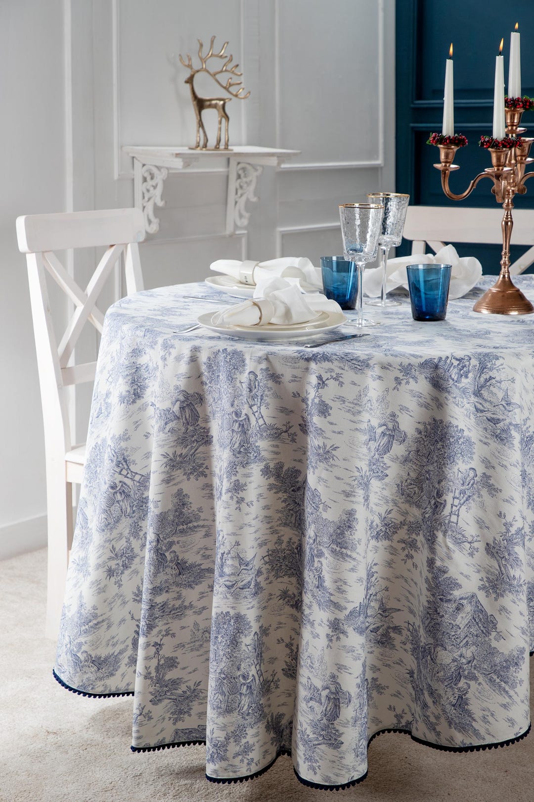 Toile Tablecloth, Blue Toile Table Linen, Festive French Toile Linen ...