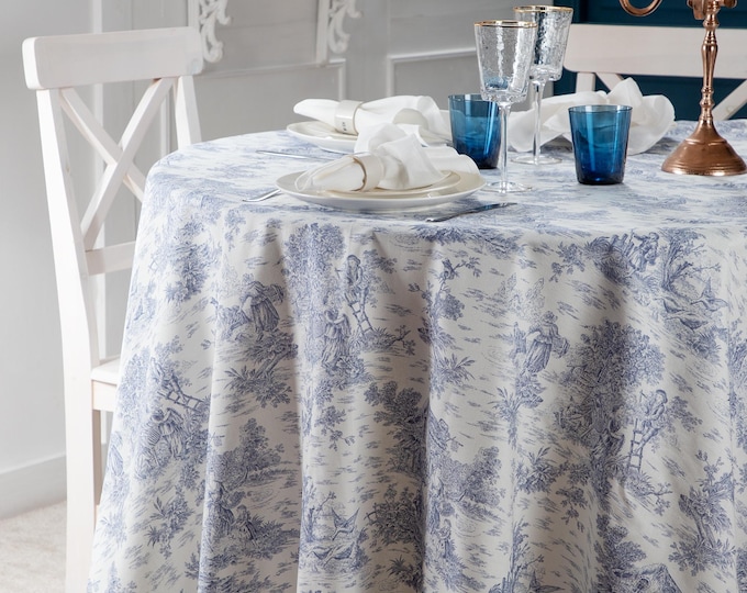 Toile Tablecloth, Blue Toile Table Linen, Festive French Toile Linen ...