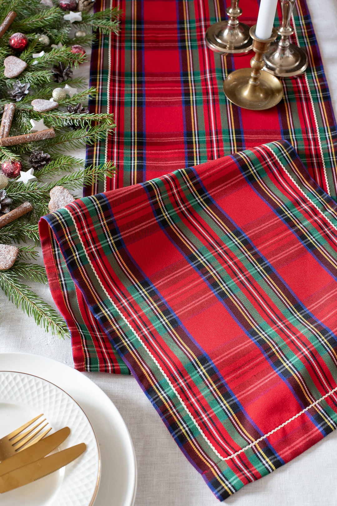 Red Stewart Table Runner, Red Plaid Table Runner With Ivory Trim - Etsy