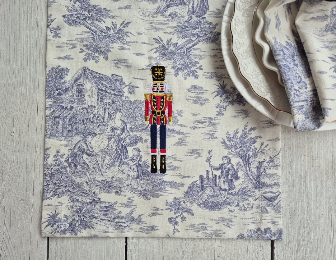 Toile Nutcracker Christmas Table Runner, Blue Toile Christmas Runner ...