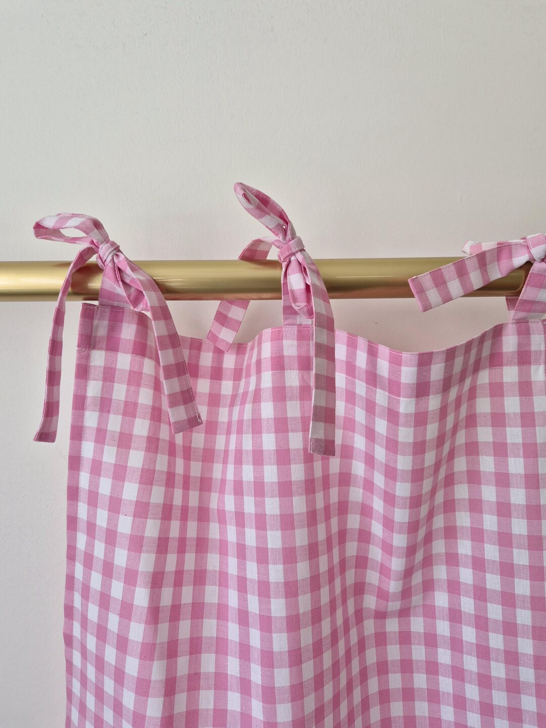 Pink Tie Top Gingham Curtains, Semi Sheer Checkered for Bathroom ...