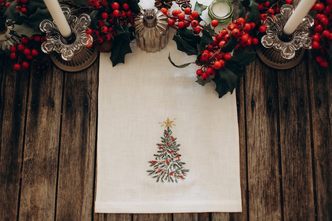 Christmas Tree Linen Embroidered Table Runner, Embroidered Christmas ...