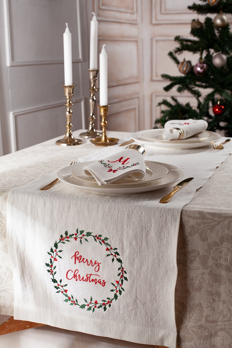 Holly Collection Linen Table Runner, Natural Linen Table Runner, Holly ...