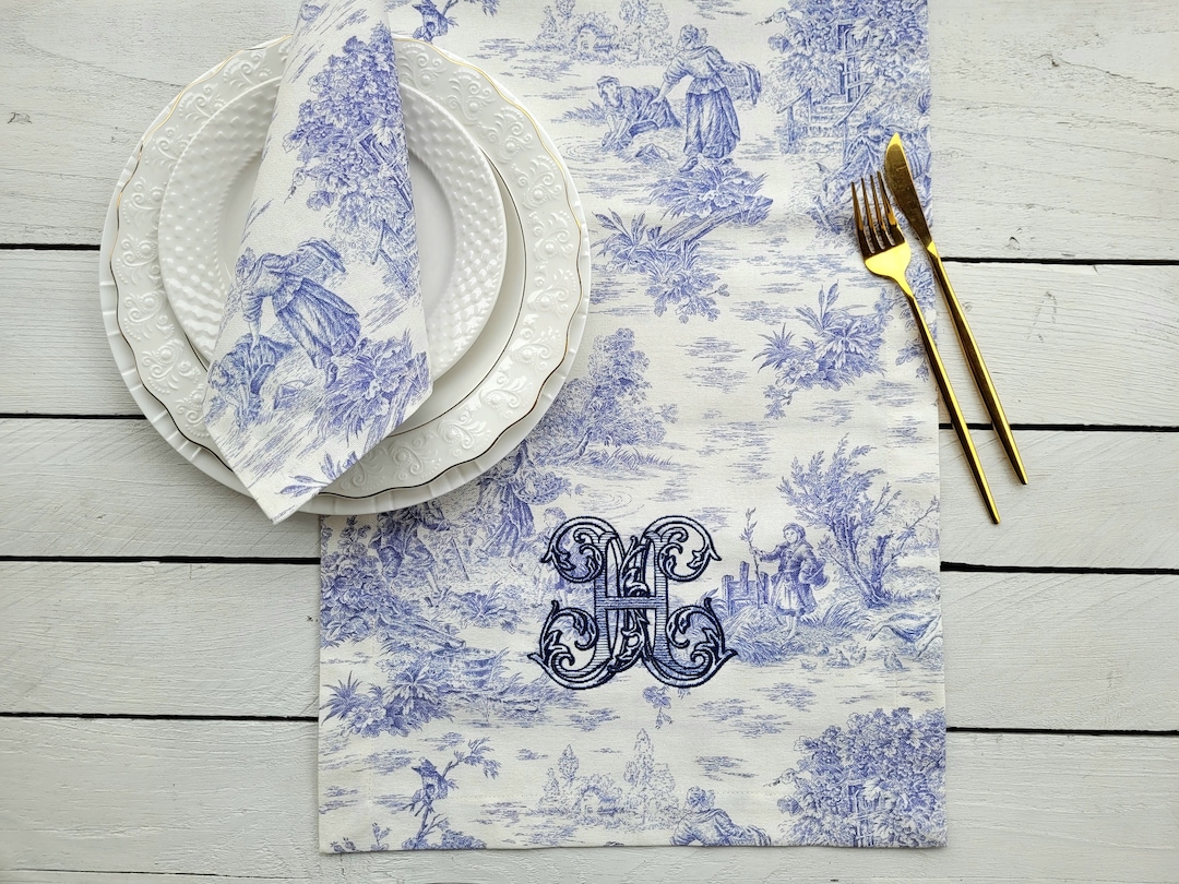Monogramed Toile Table Linen, Toile Table Runner, Vintage Monogram ...