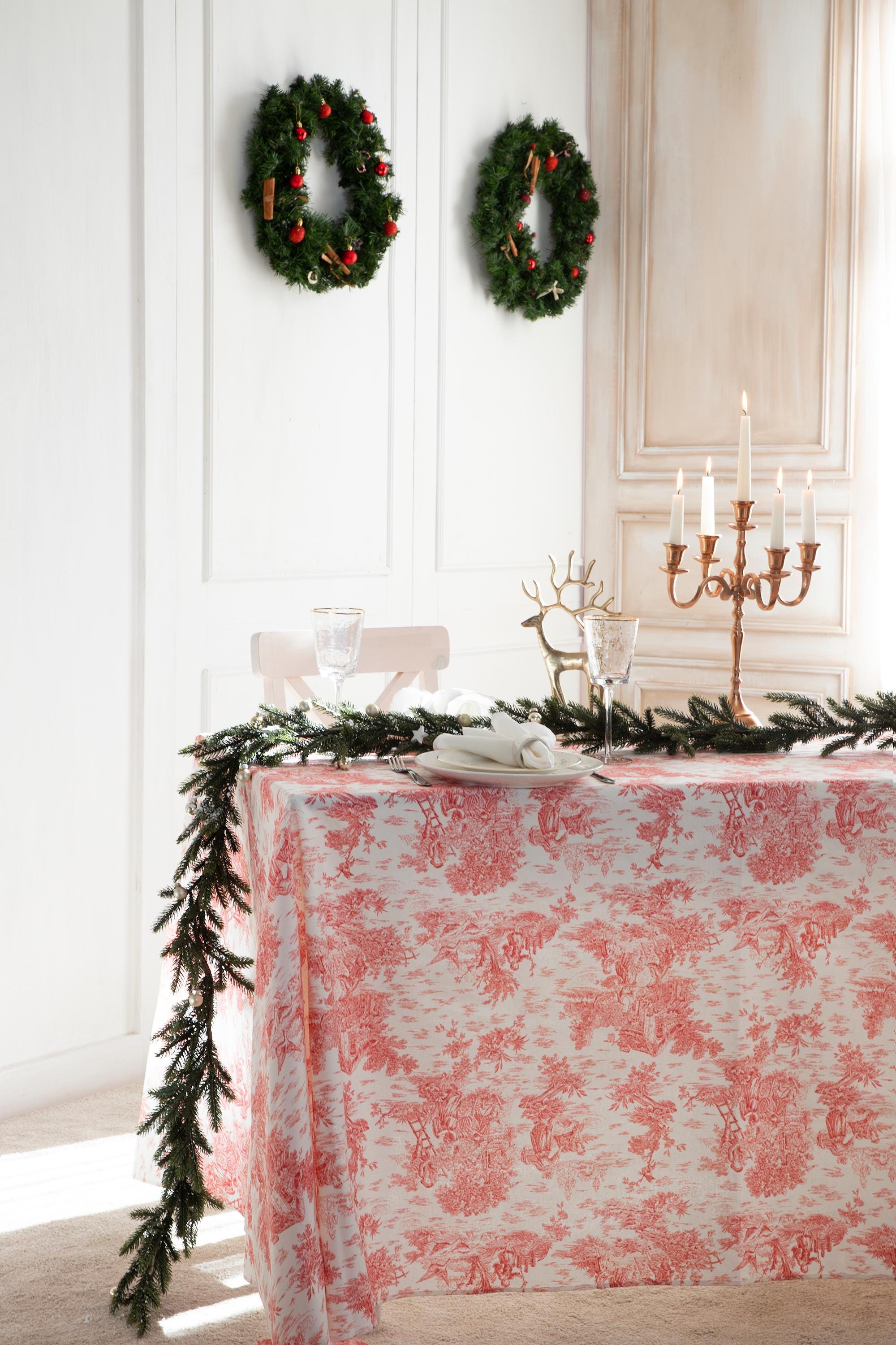 Red Toile Tablecloth, Toile Table Linen, Festive French Toile Linen ...
