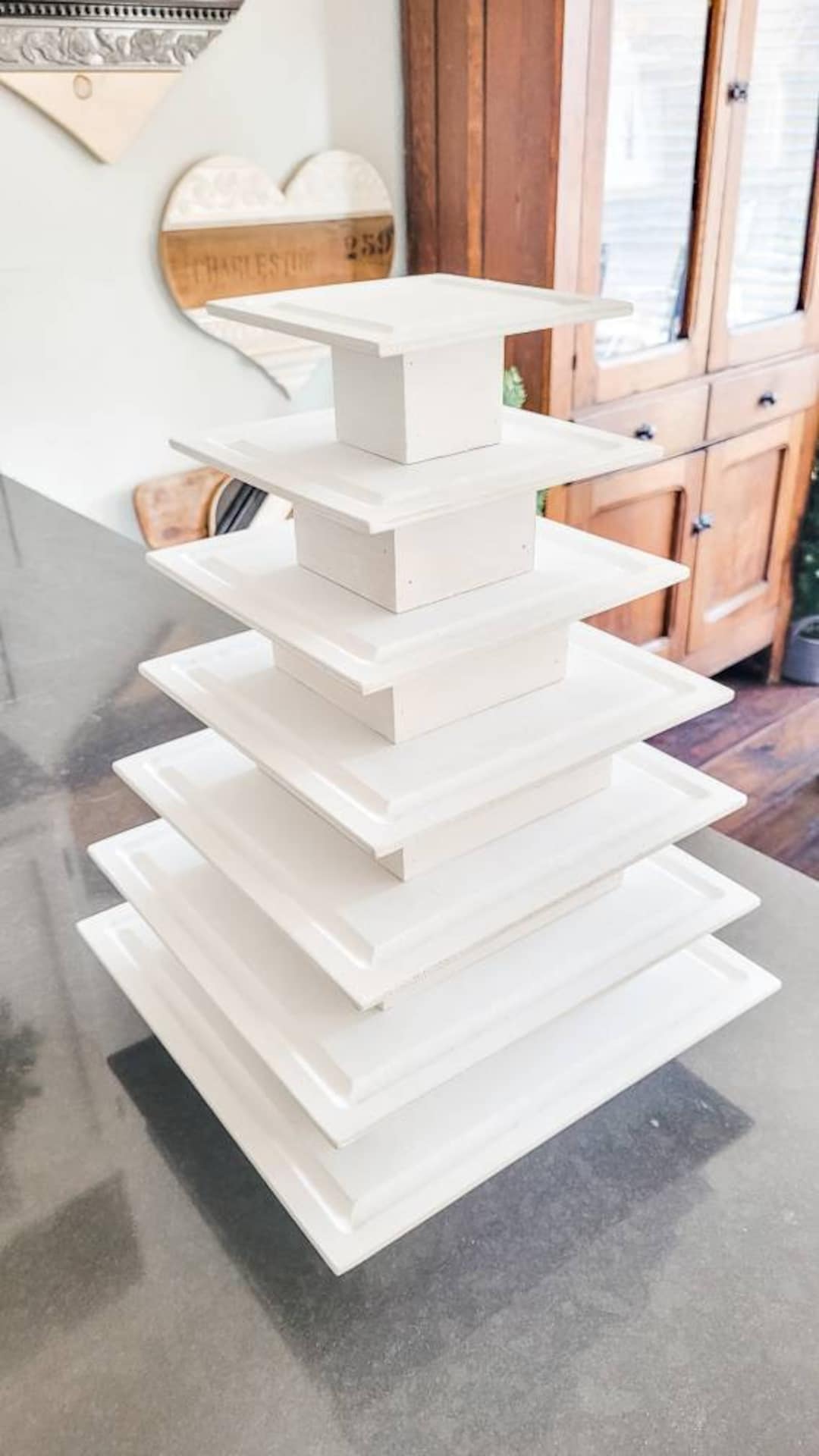 Square Macaron Tower, 5 Tier, 7 Tier, White Wood Tower, Macaron Tower ...