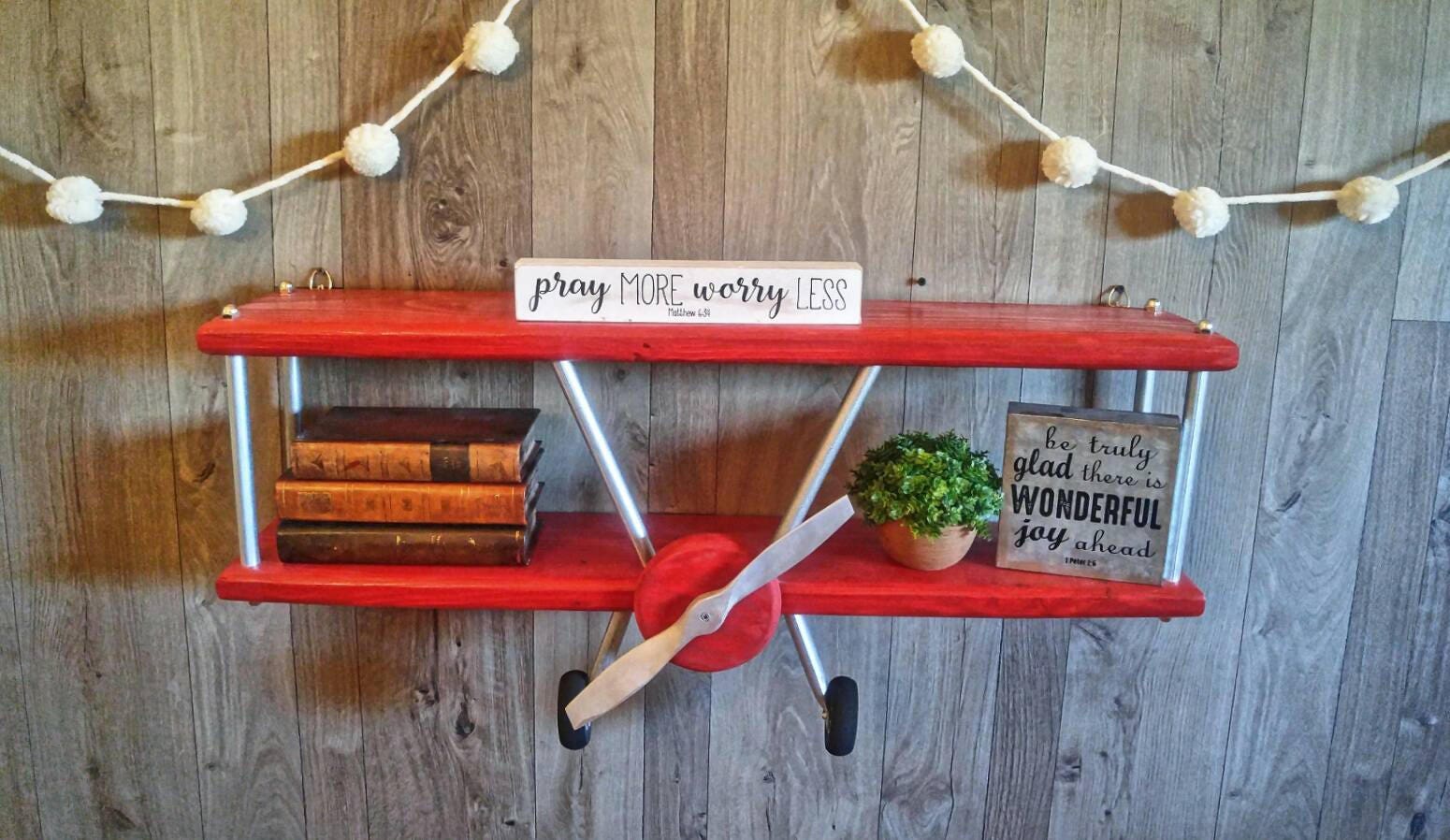 XL Red and Silver Airplane Shelf, Red Biplane Shelf, Red Wood Airplane ...