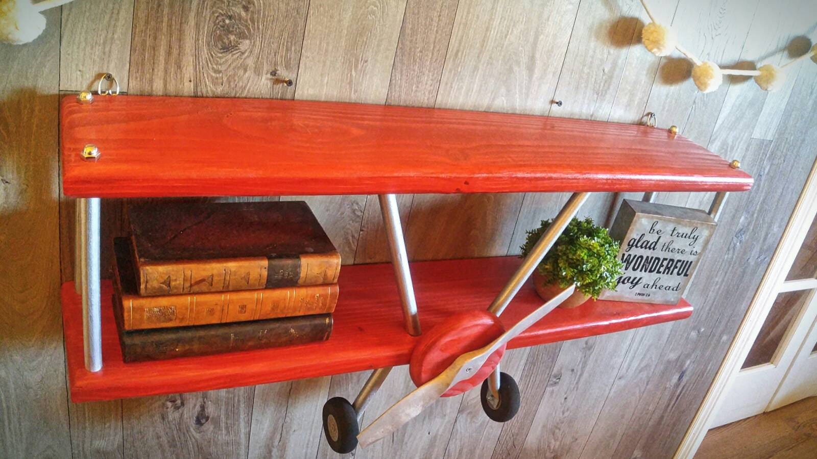 XL Red and Silver Airplane Shelf, Red Biplane Shelf, Red Wood Airplane ...