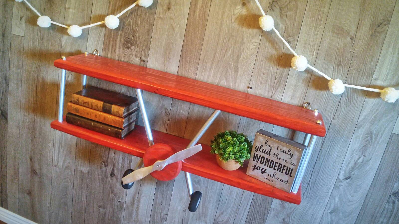 XL Red and Silver Airplane Shelf, Red Biplane Shelf, Red Wood Airplane ...