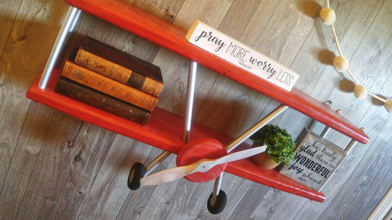 XL Red and Silver Airplane Shelf, Red Biplane Shelf, Red Wood Airplane ...
