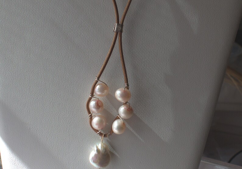 Sterling Silver Natural Freshwater Pearl Leather Pendant - Etsy
