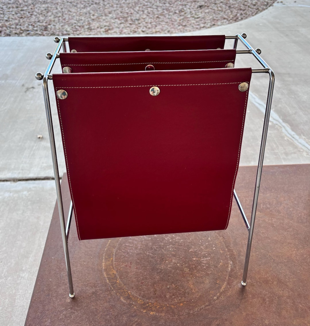 Magazine Rack. Vintage MCM Chrome With Red Leather Slings. Leather in ...